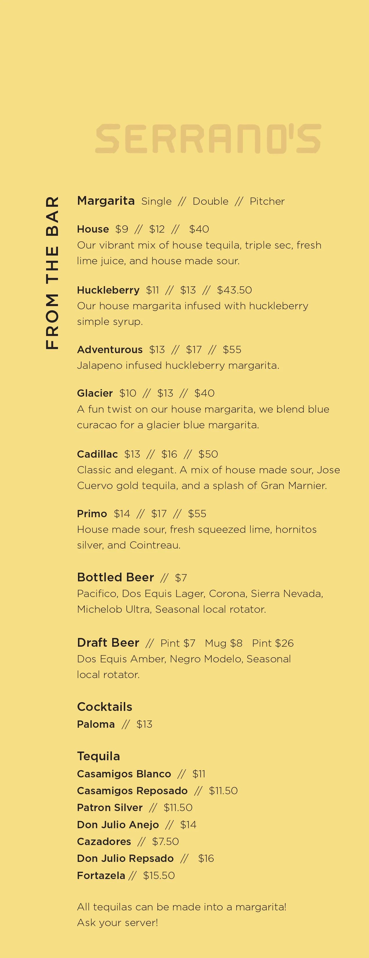 Menu | Serrano's Mexican Restaurant | East Glacier, MT