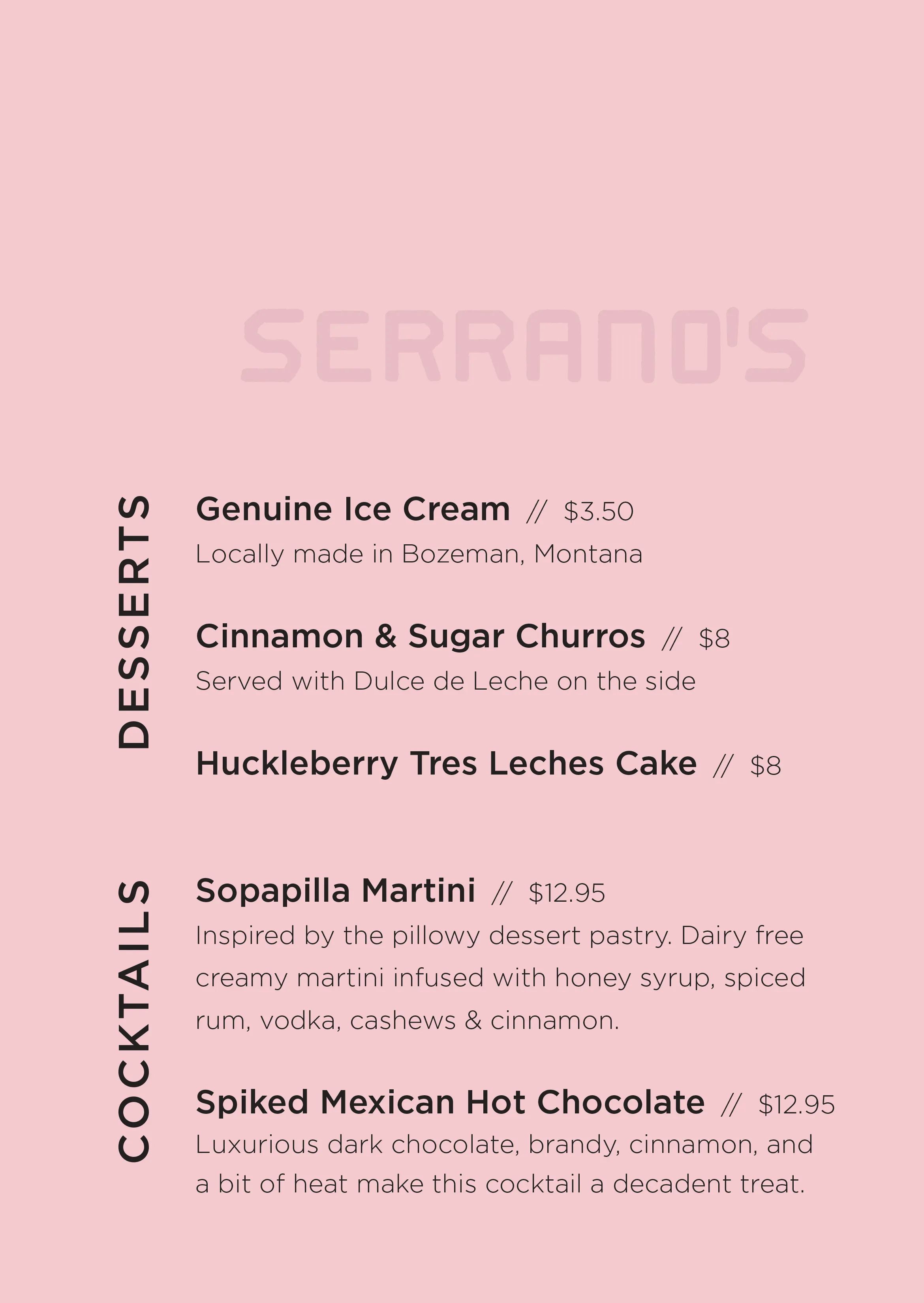 Menu | Serrano's Mexican Restaurant | East Glacier, MT