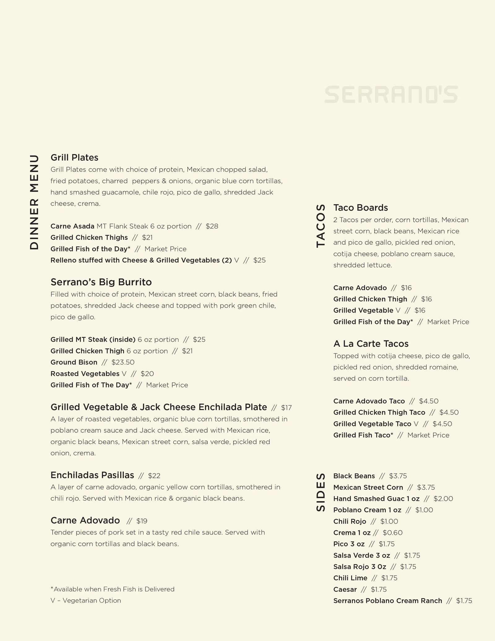 Menu | Serrano's Mexican Restaurant | East Glacier, MT